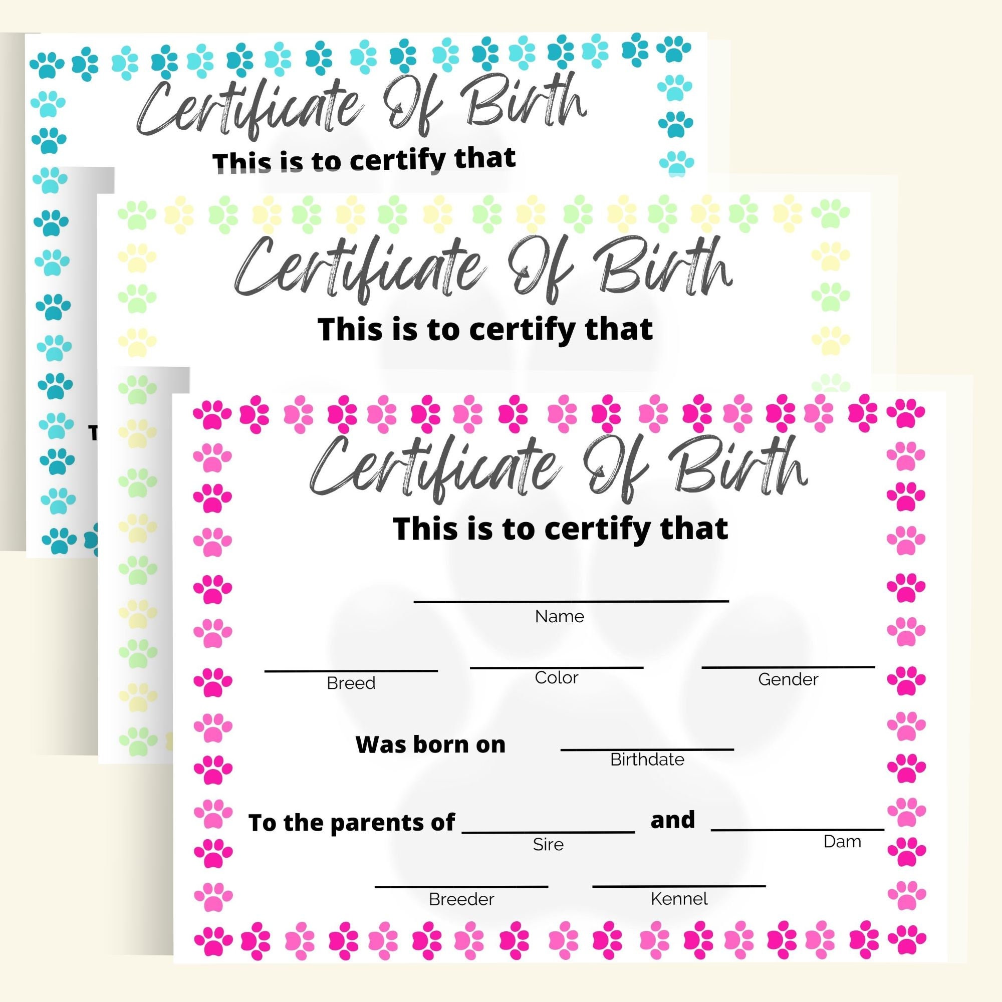 Printable Puppy Birth Certificate | Dog Birth Certificate | Pet Birth ...