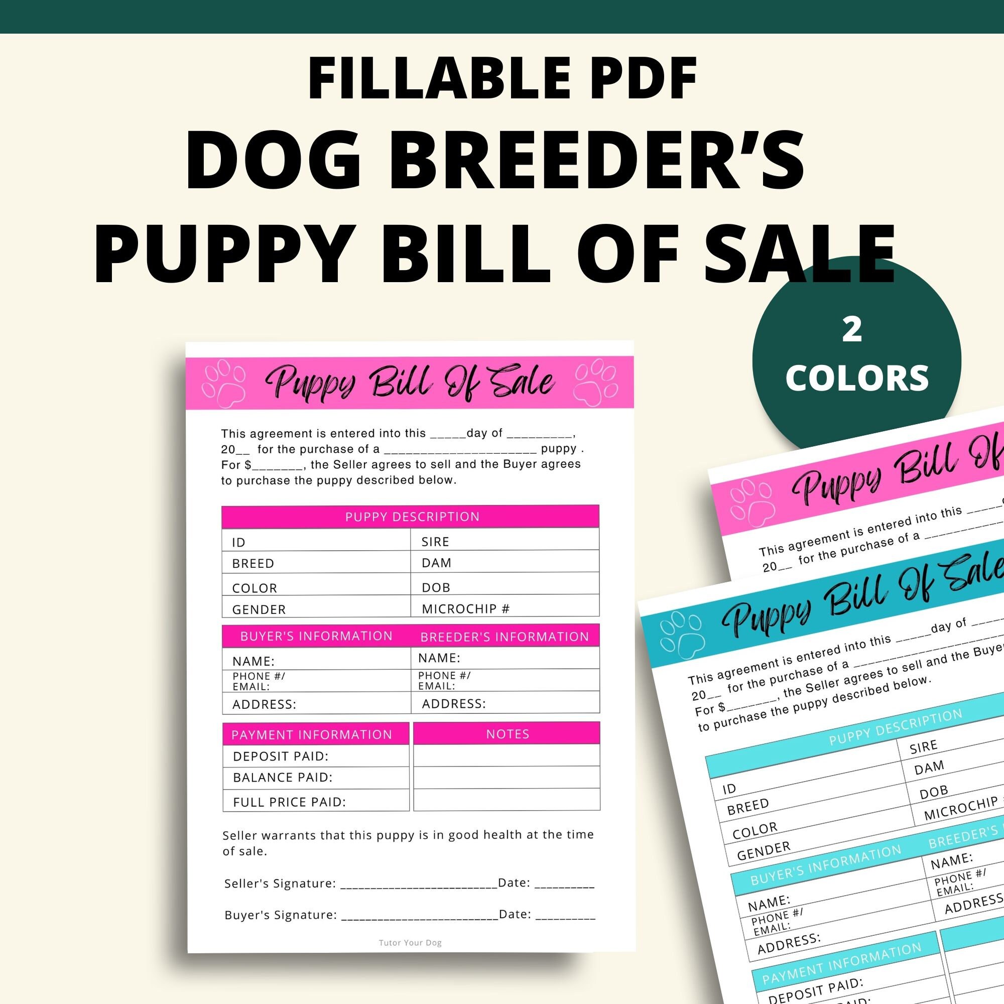 Dog/puppy Bill of Sale | Instant Download | 8.5x11 Editable PDF File ...