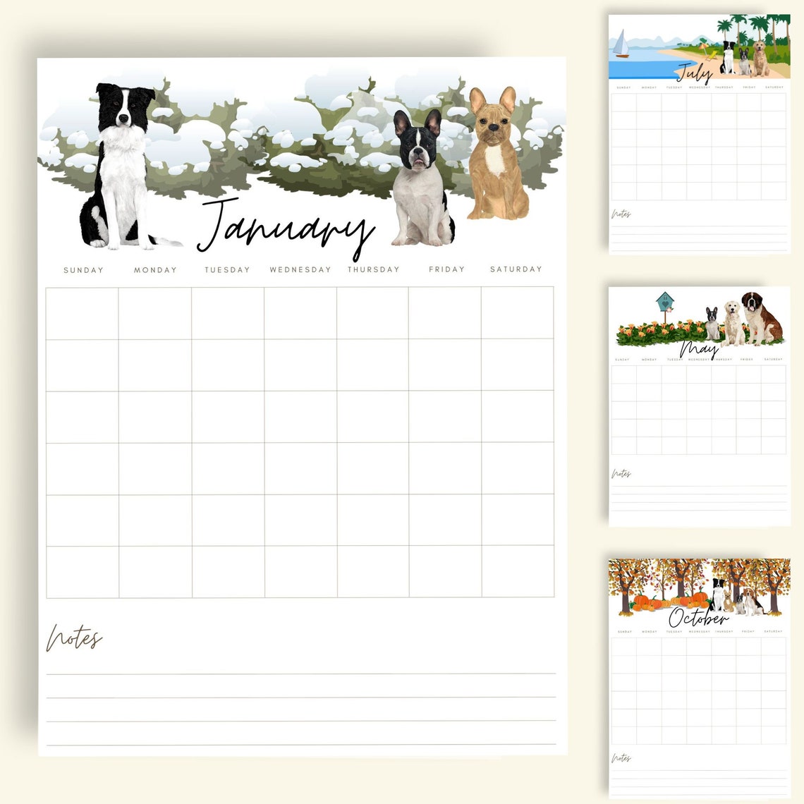 Printable Undated Cute Dog Theme Calendar | Instant Download | 8.5x11 ...