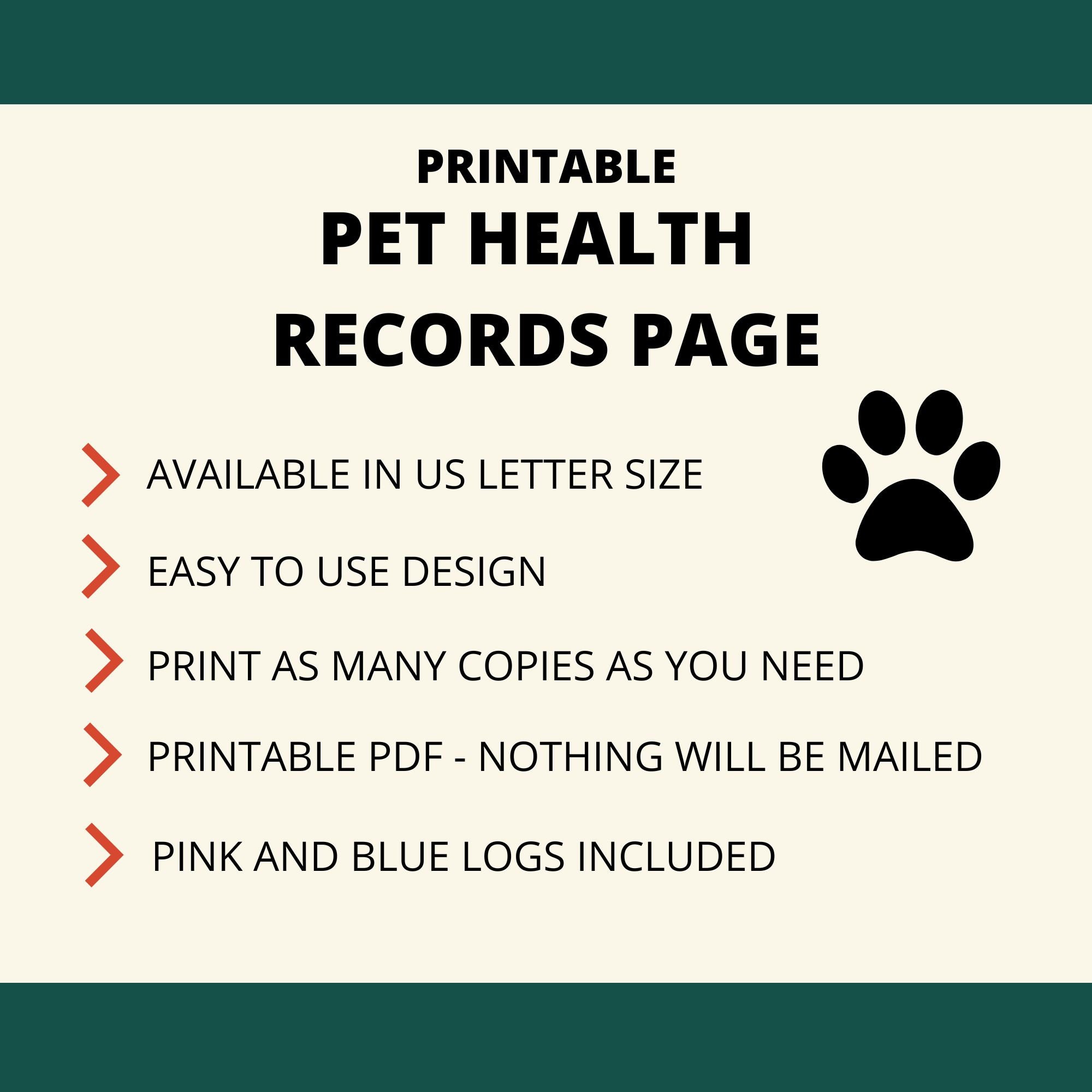 Printable Pet Health Record Page for A Dog or Cat | Instant Download ...