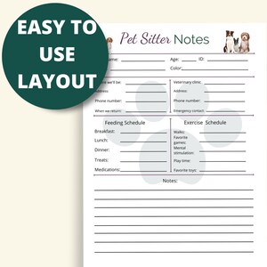 Printable Pet Sitter Notes | Instant Download | 8.5x11 PDF| Dog Sitter ...