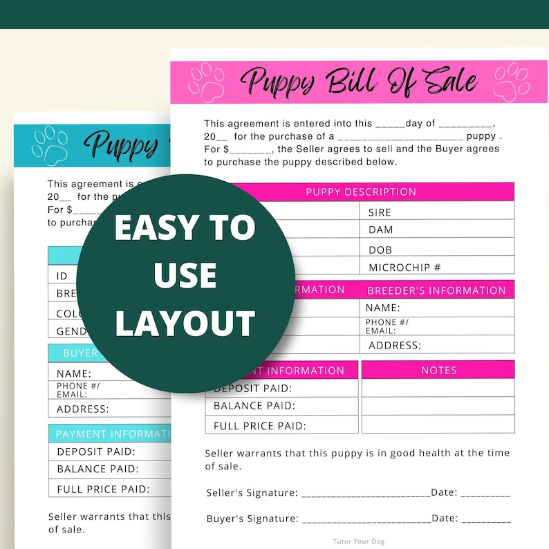 Dog/puppy Bill of Sale | Instant Download | 8.5x11 Editable PDF File ...