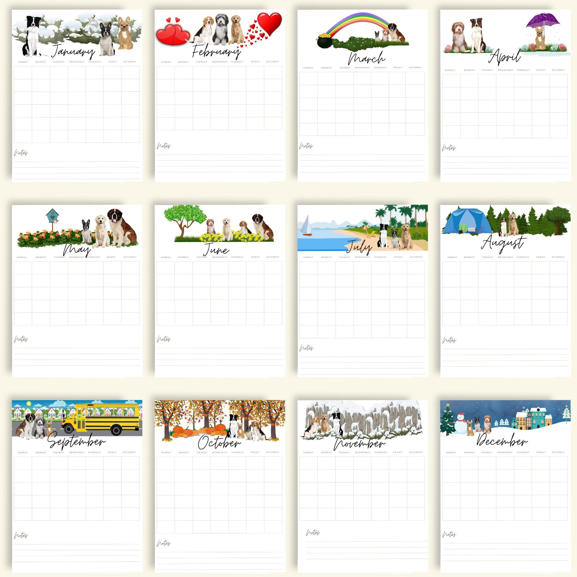 Printable Undated Cute Dog Theme Calendar | Instant Download | 8.5x11 ...