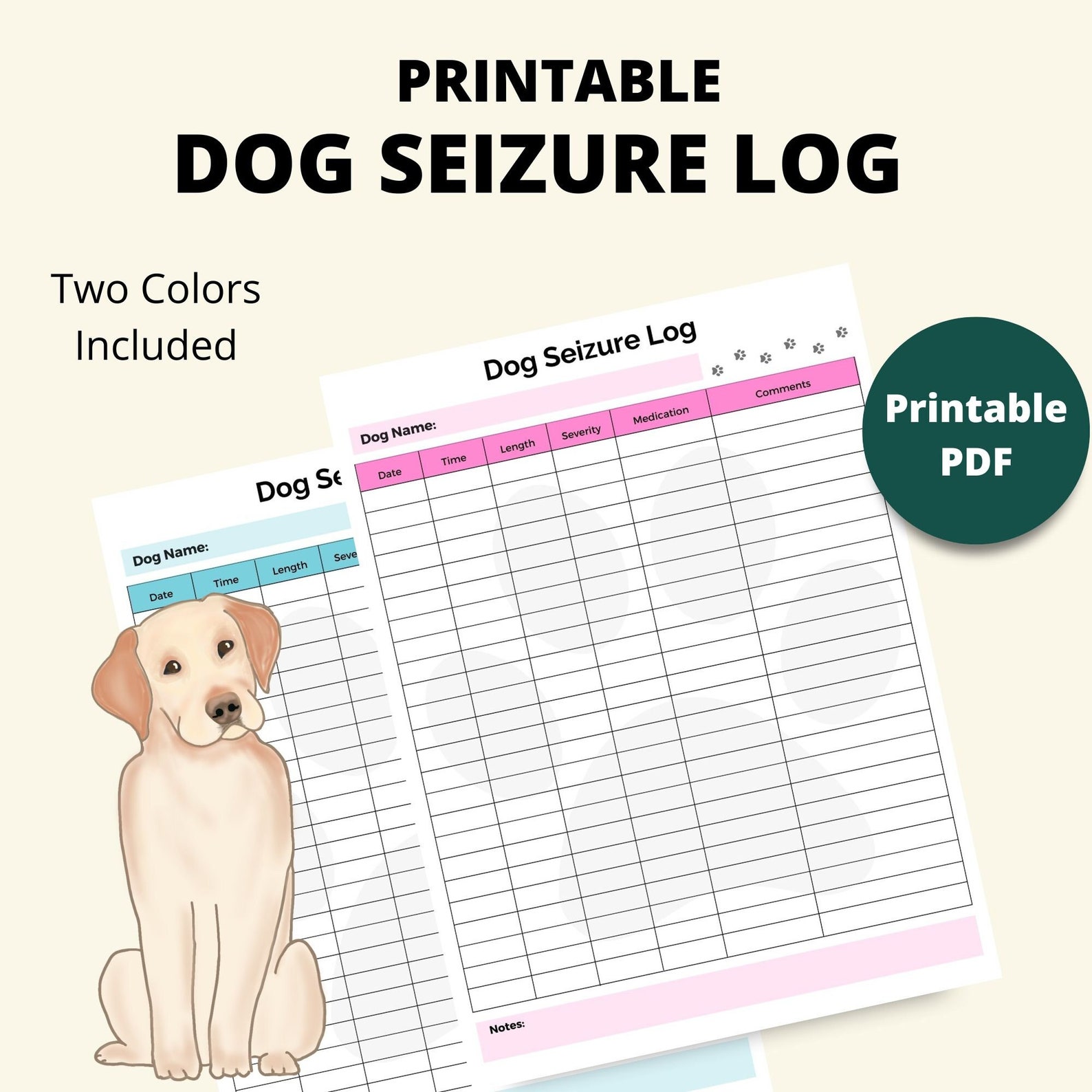 Dog Seizure Log | Pet Seizure Log Printable | Seizure Tracker for Dogs ...
