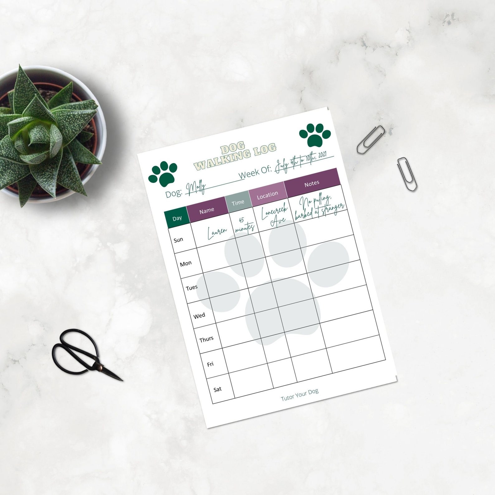 Printable Dog Walking Log | Dog Walking Schedule | Pet Walking Tracker ...