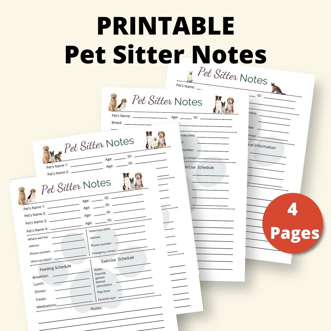 Printable Pet Sitter Notes Instant Download 8.5x11 PDF Dog Sitter ...