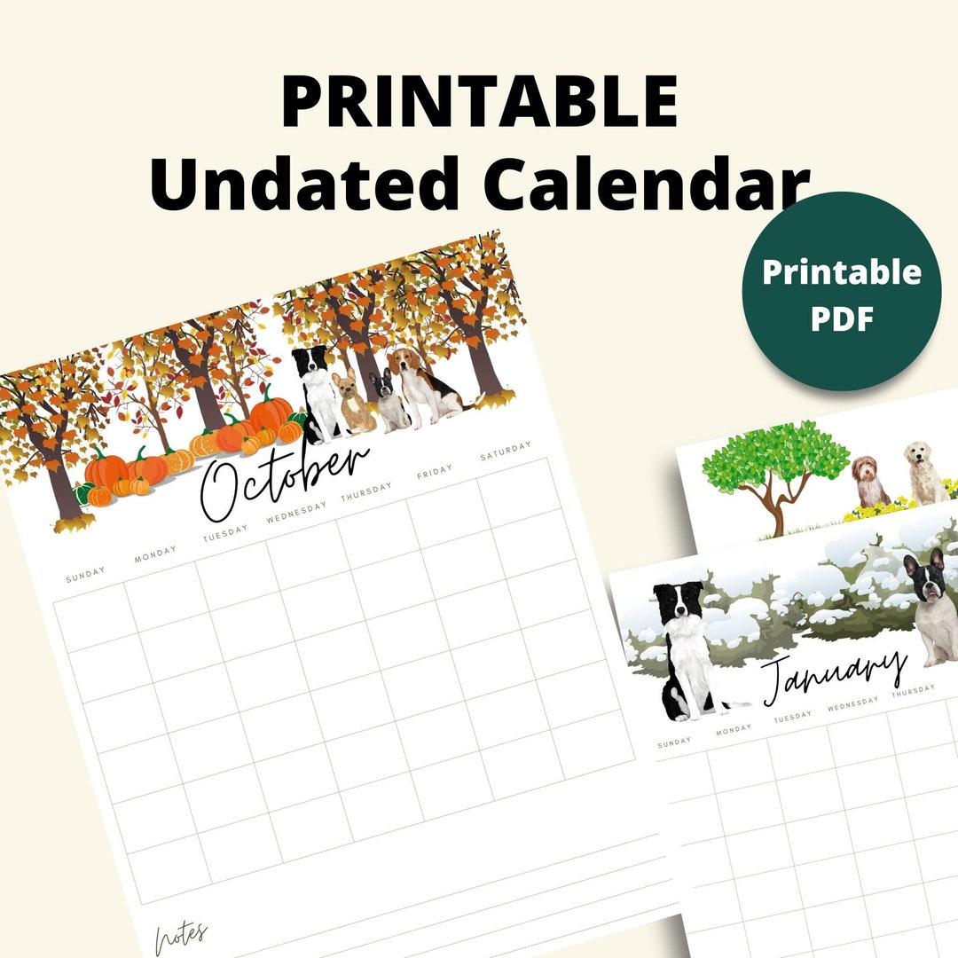 Printable Undated Cute Dog Theme Calendar | Instant Download | 8.5x11 ...