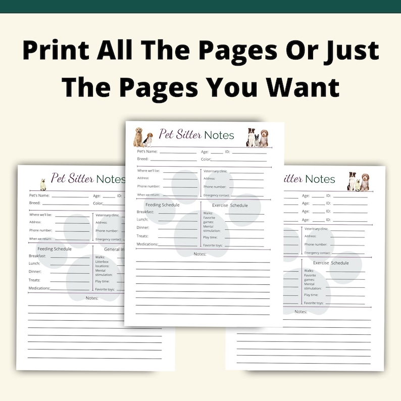 Printable Pet Sitter Notes | Instant Download | 8.5x11 PDF| Dog Sitter ...