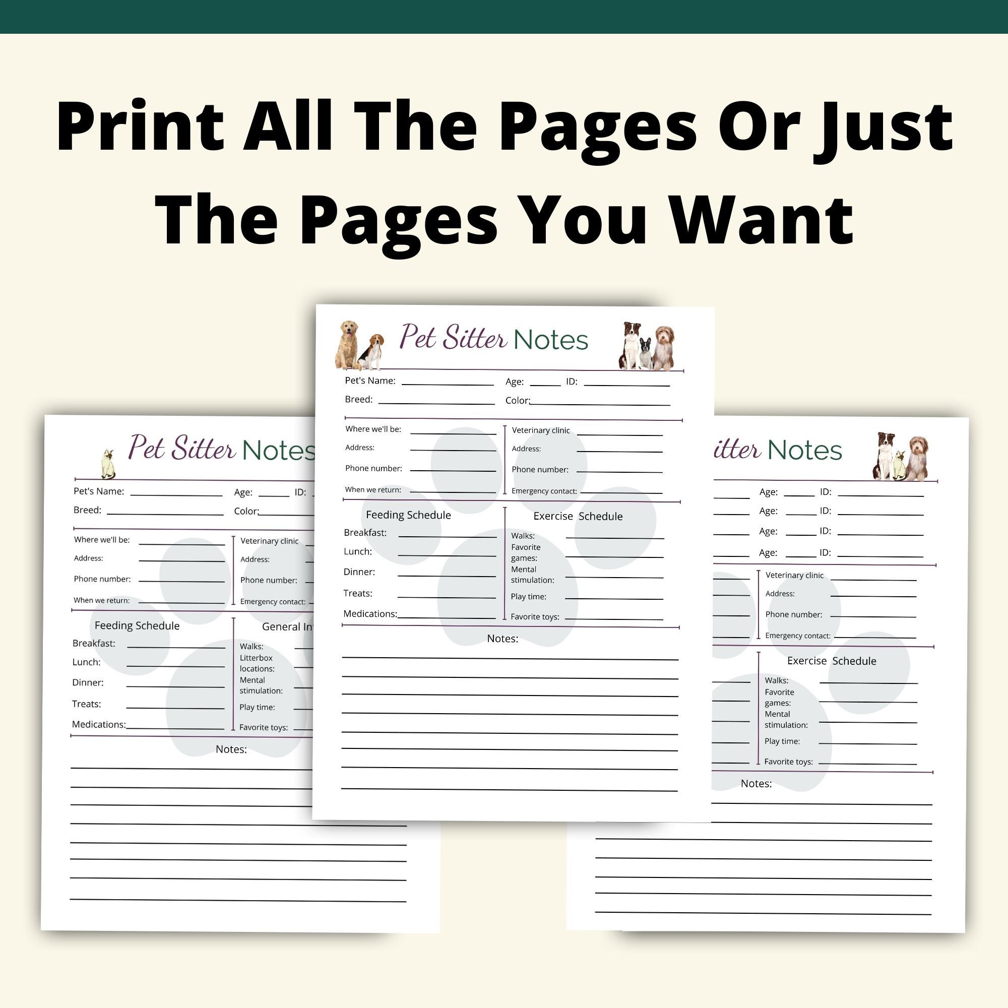 Printable Pet Sitter Notes | Instant Download | 8.5x11 PDF| Dog Sitter ...