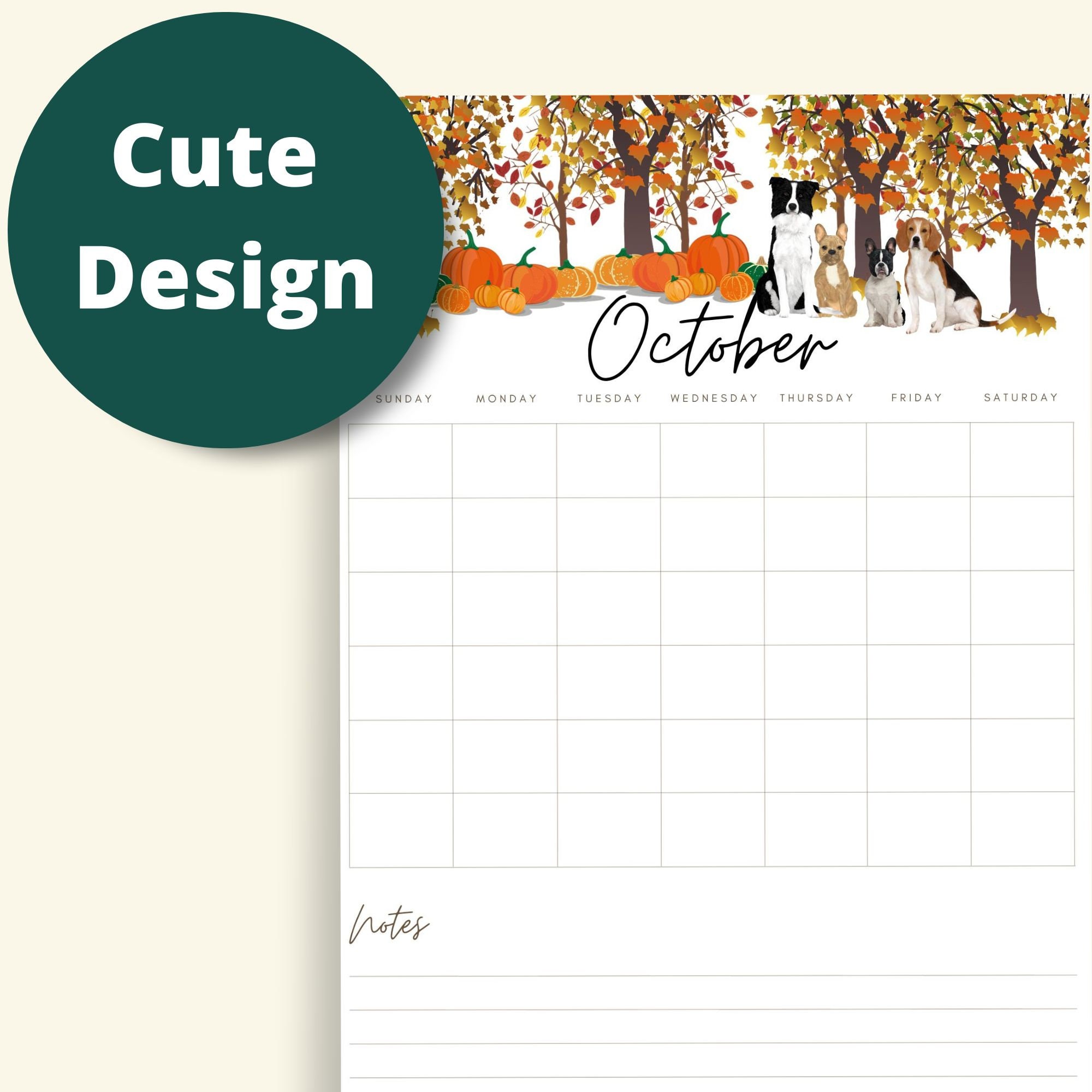 Printable Undated Cute Dog Theme Calendar | Instant Download | 8.5x11 ...