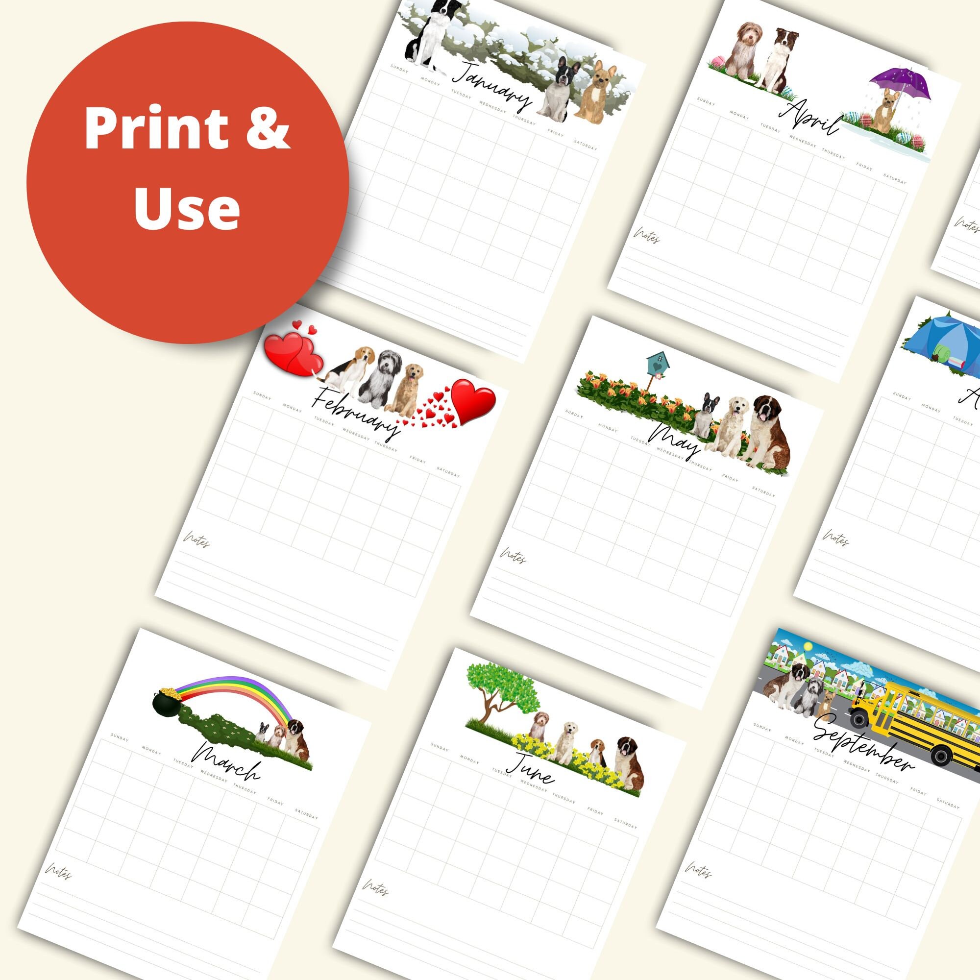 Printable Undated Cute Dog Theme Calendar | Instant Download | 8.5x11 ...