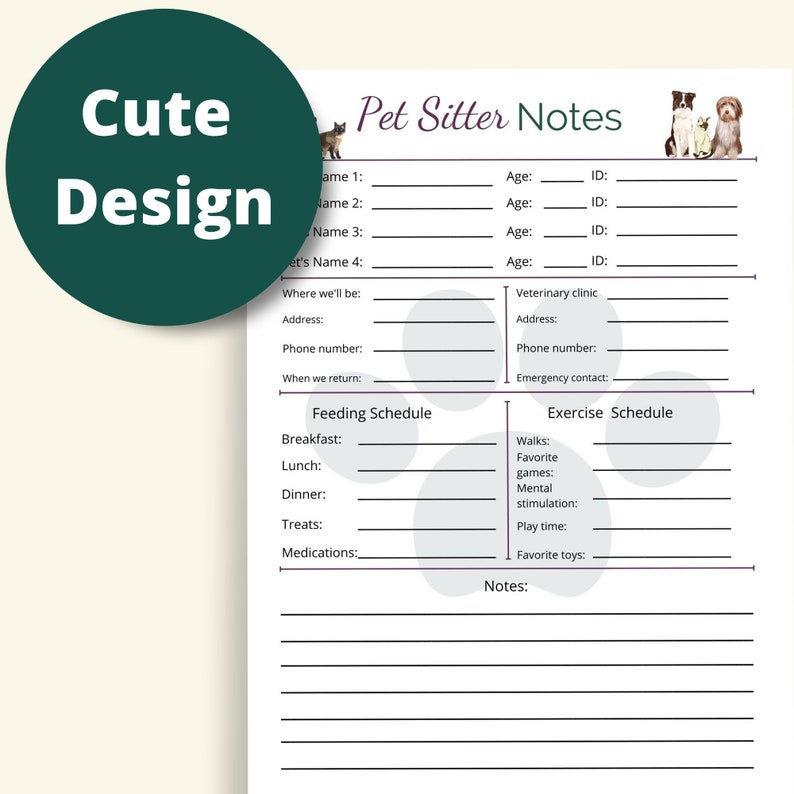 Printable Pet Sitter Notes | Instant Download | 8.5x11 PDF| Dog Sitter ...