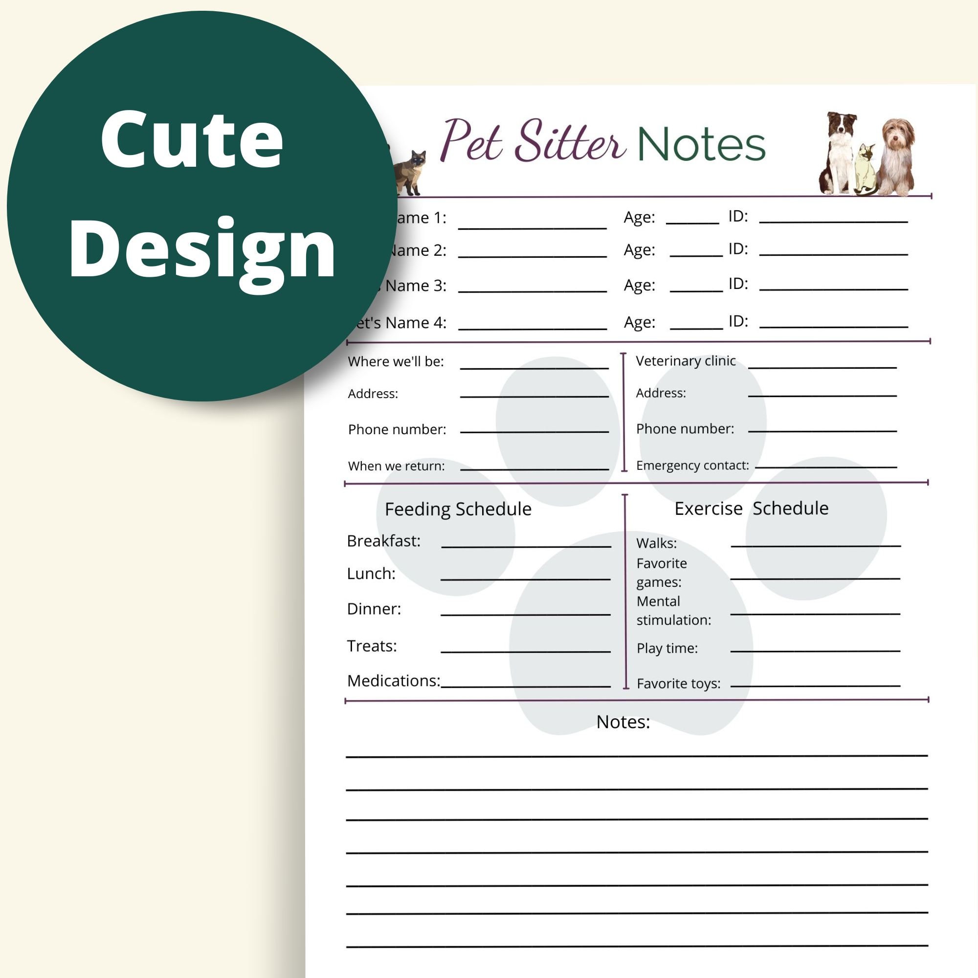 Printable Pet Sitter Notes | Instant Download | 8.5x11 PDF| Dog Sitter ...