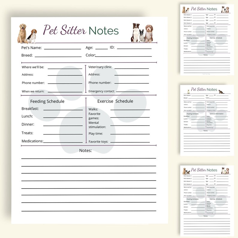 Printable Pet Sitter Notes | Instant Download | 8.5x11 PDF| Dog Sitter ...