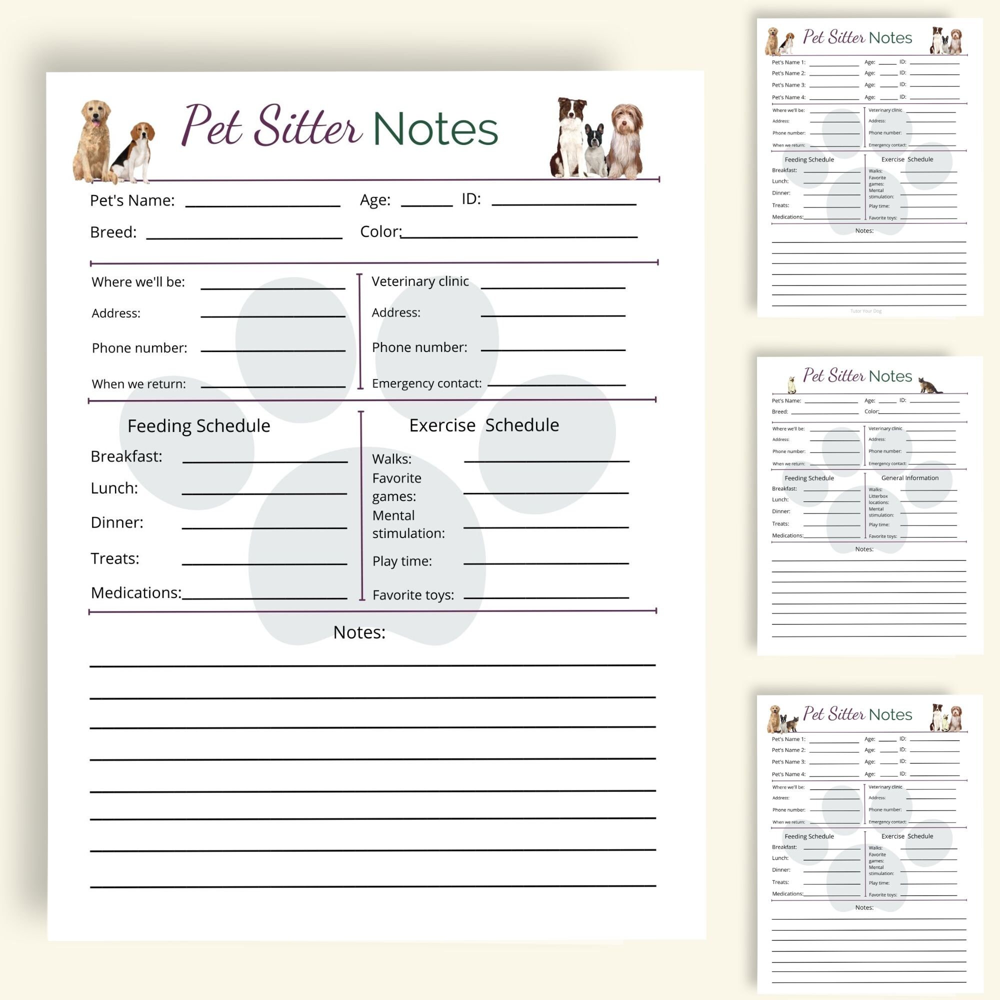 Printable Pet Sitter Notes | Instant Download | 8.5x11 PDF| Dog Sitter ...