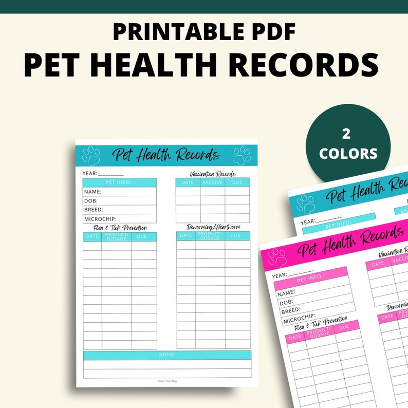 Printable Pet Health Record Page for A Dog or Cat | Instant Download ...