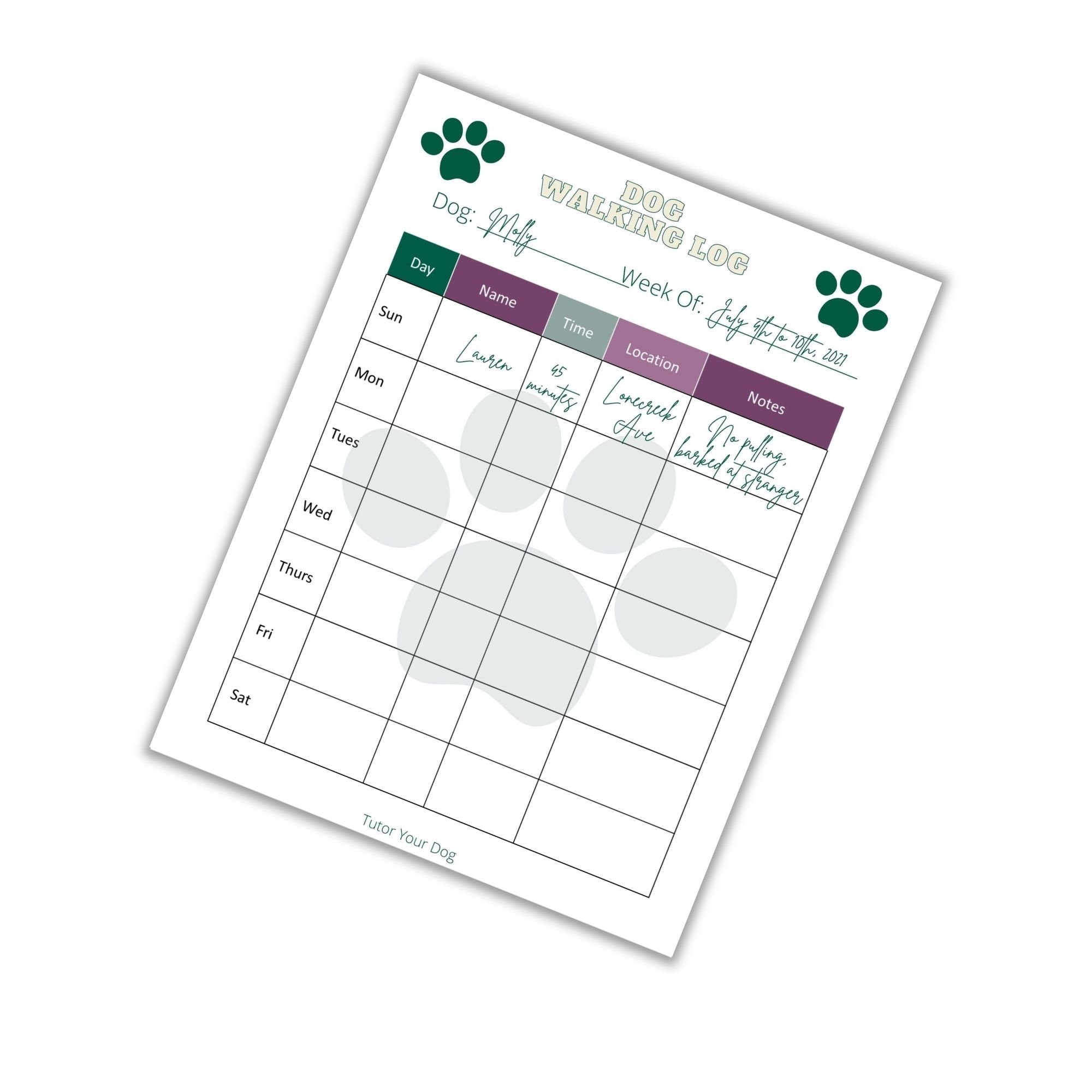 Printable Dog Walking Log | Dog Walking Schedule | Pet Walking Tracker ...