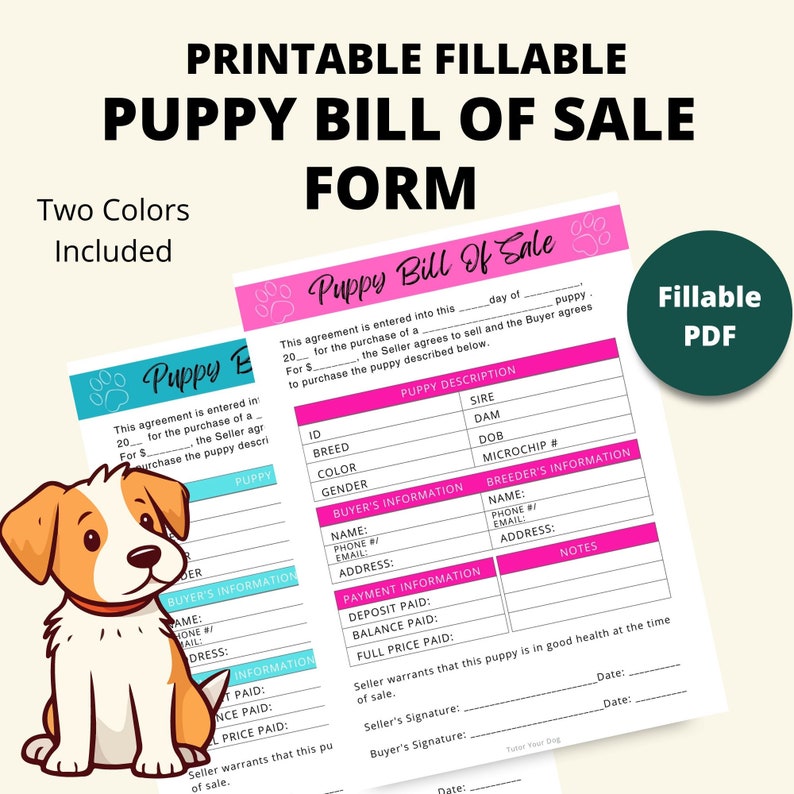 Dog/puppy Bill of Sale | Instant Download | 8.5x11 Editable PDF File ...