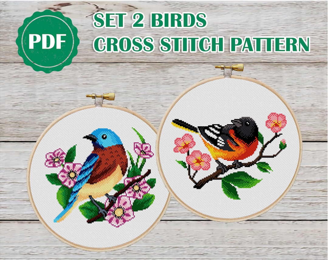 Set of 2 Birds Cross Stitch Pattern, Flowers Counted Cross Stitch Chart ...