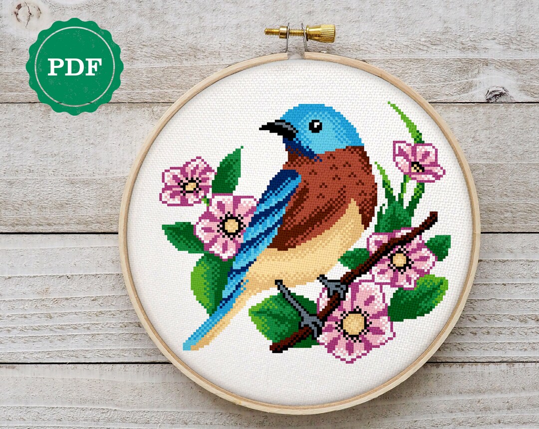 Blue Bird Cross Stitch Pattern, Bird With Flowers Cross Stitch, Floral ...