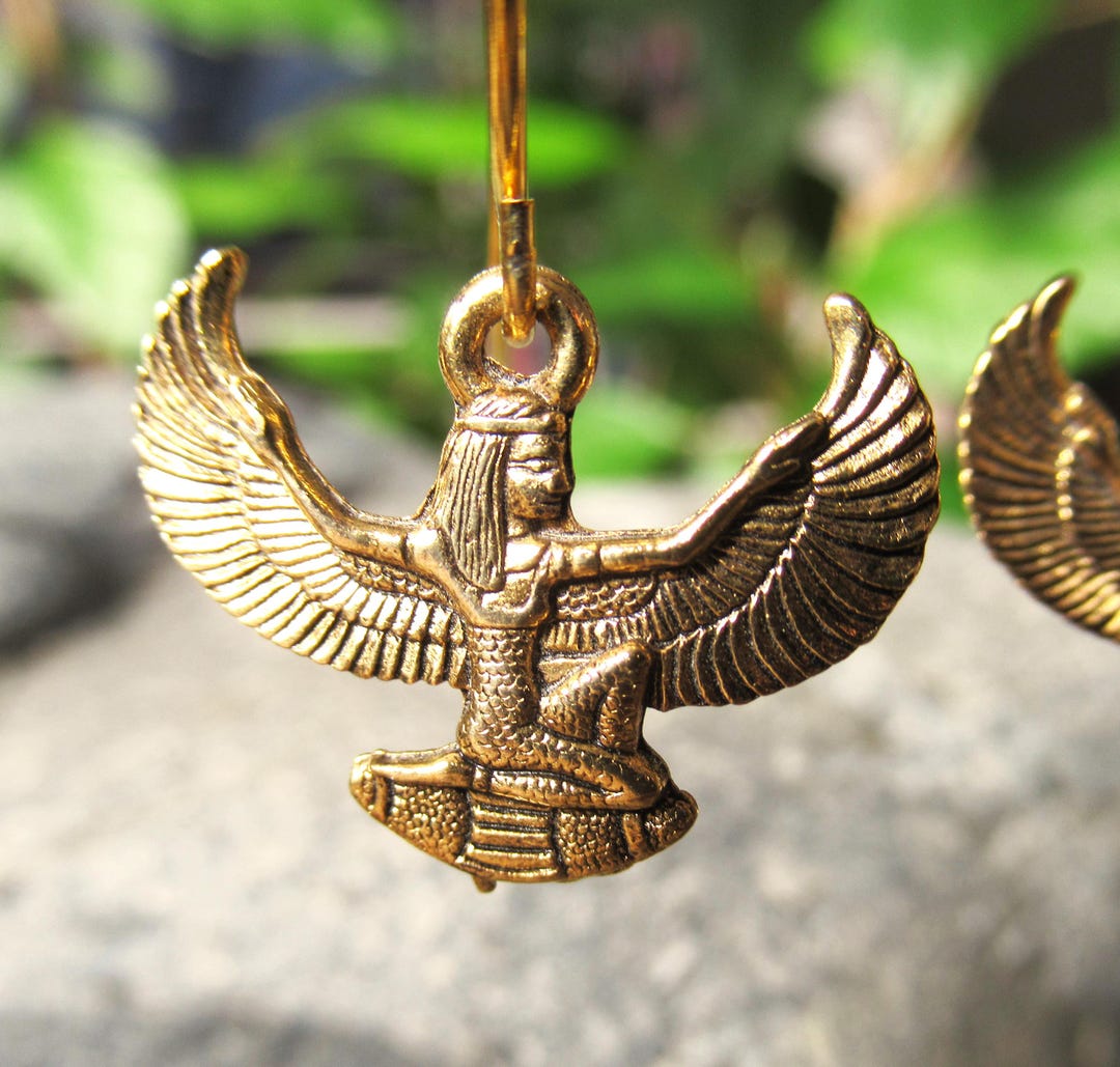 Winged Isis Gold Earrings, Egyptian Goddess Auset, Protection Amulet ...