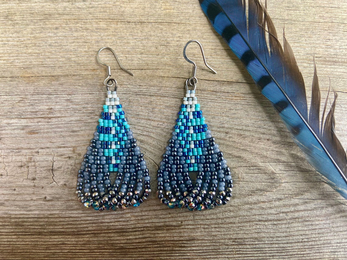 Blue Bird Feather Teardrop Beaded Earrings With Beaded Ruffle - Etsy