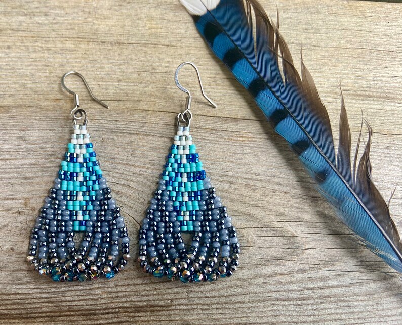 Blue Bird Feather Teardrop Beaded Earrings With Beaded Ruffle - Etsy
