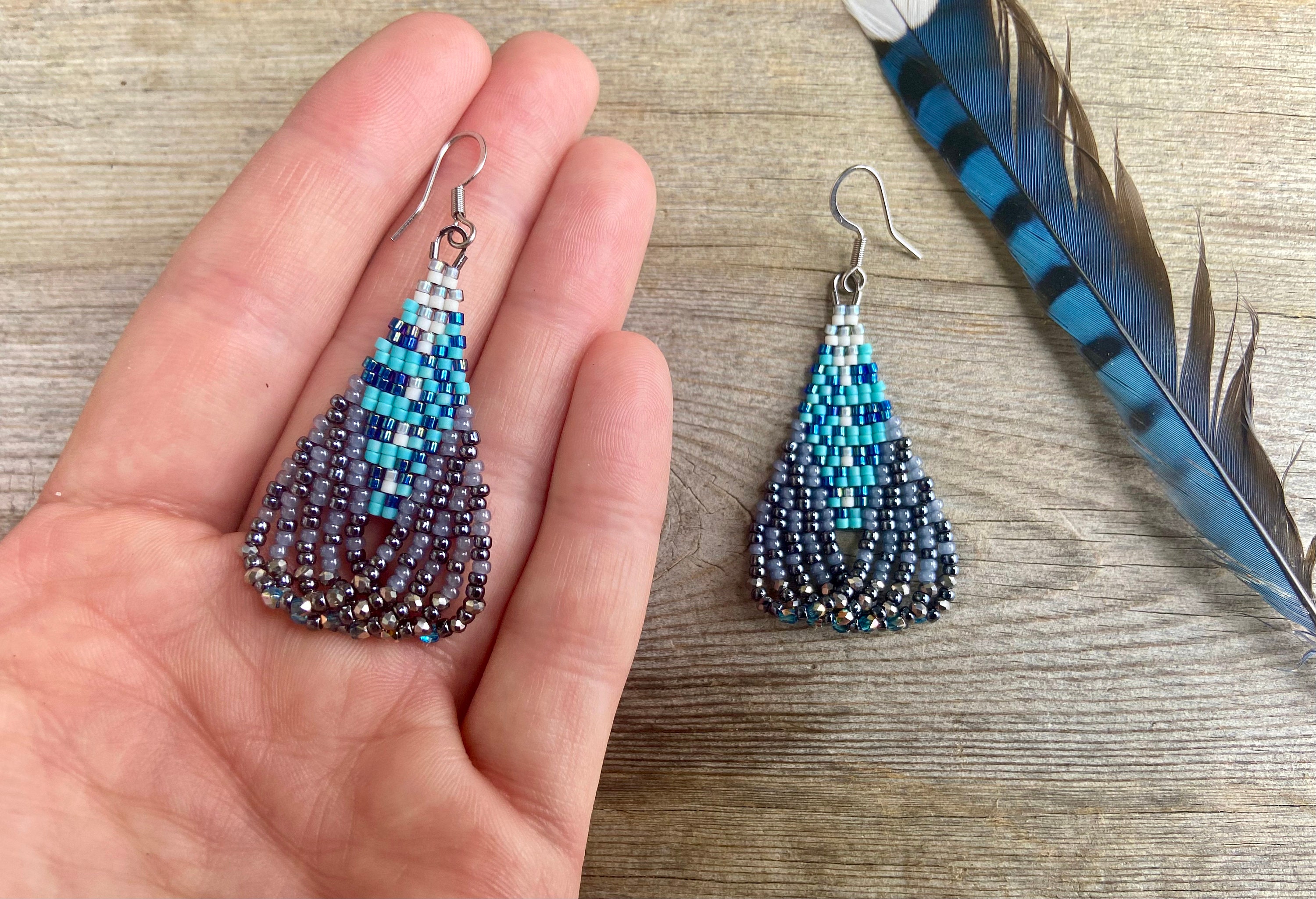 Blue Bird Feather Teardrop Beaded Earrings With Beaded Ruffle - Etsy