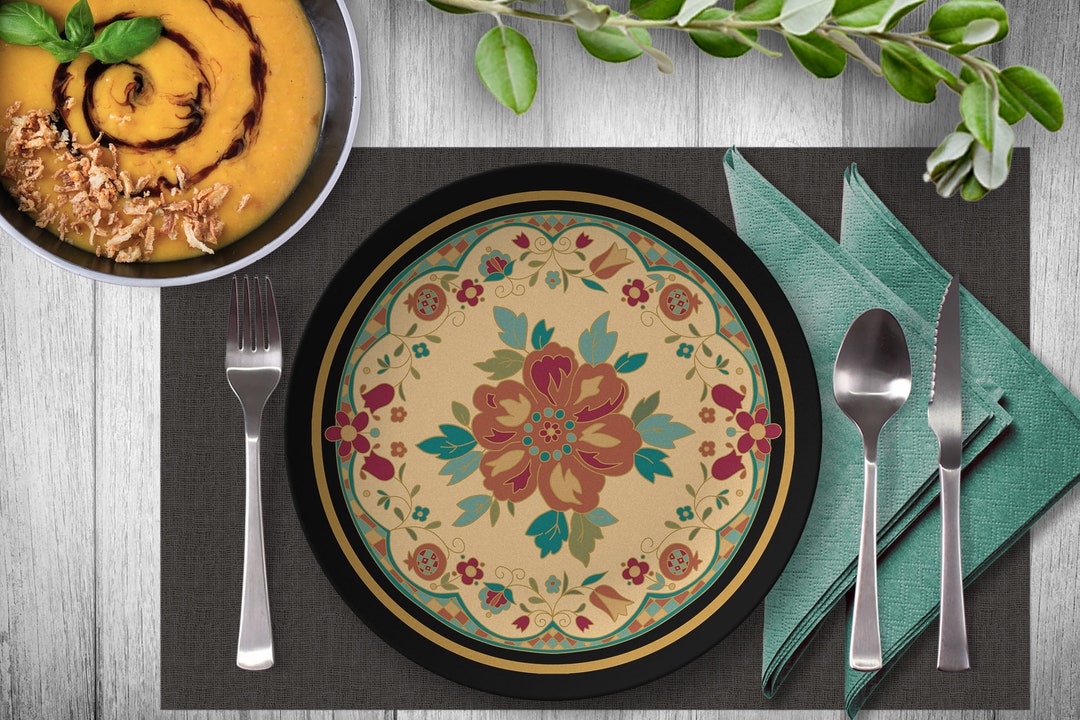 Folk Art Dinner Plate Country Flowers Dinnerware Retro Vintage Floral ...