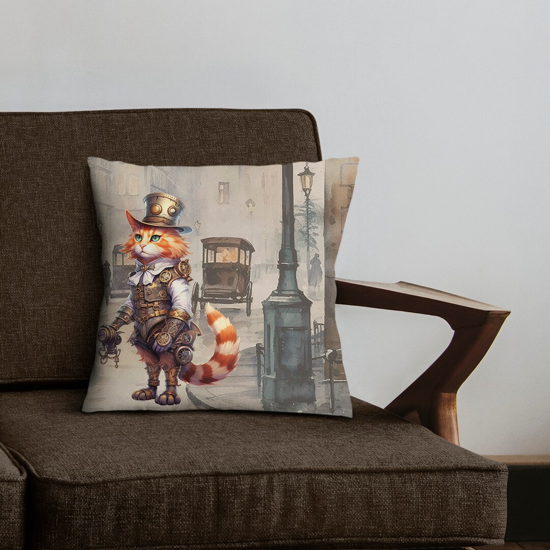 Steampunk Cat Pillow Victorian Street Cat Cushion Mechanical Futuristic ...