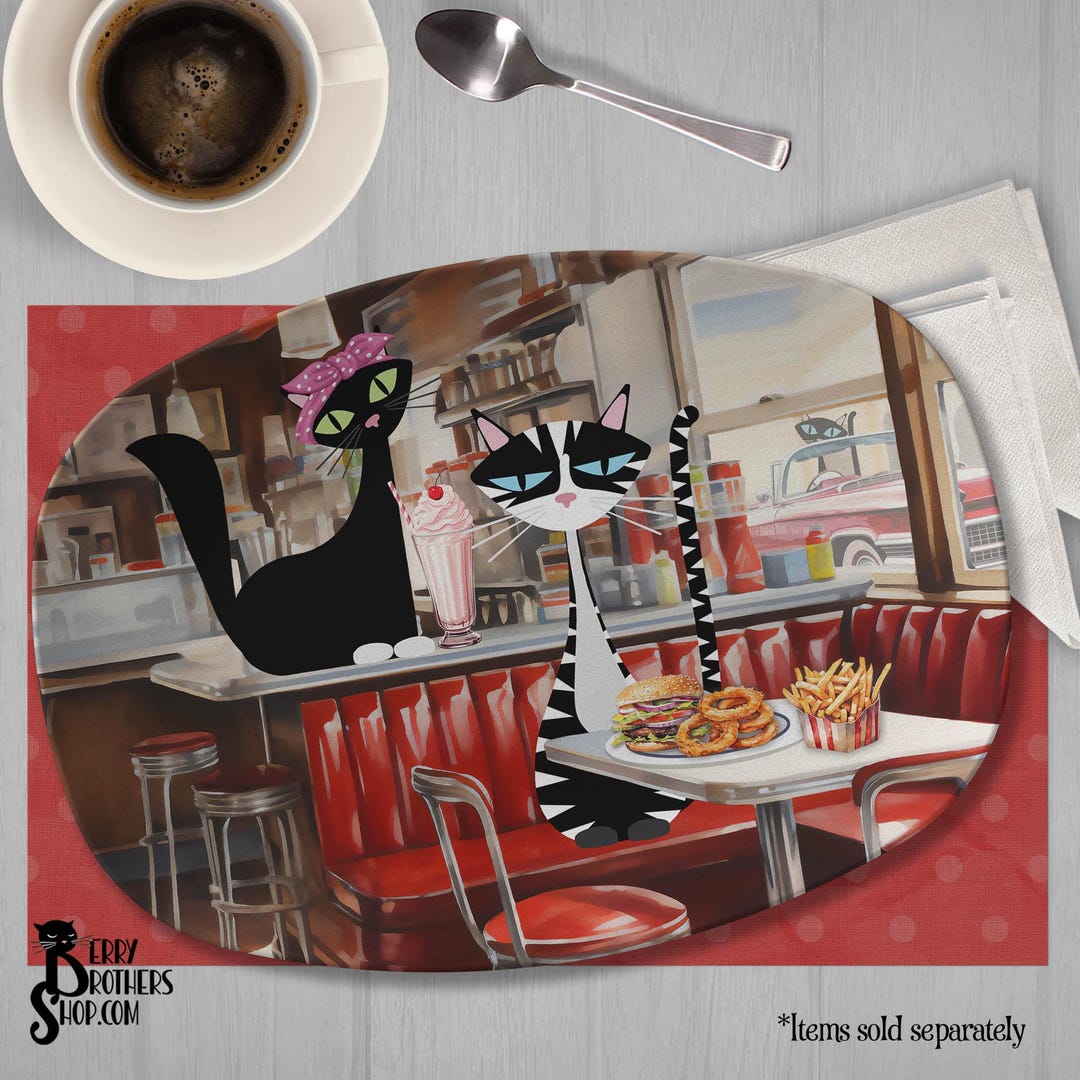 Retro Diner Cats Serving Platter Midcentury Modern Black Cat Side Plate ...
