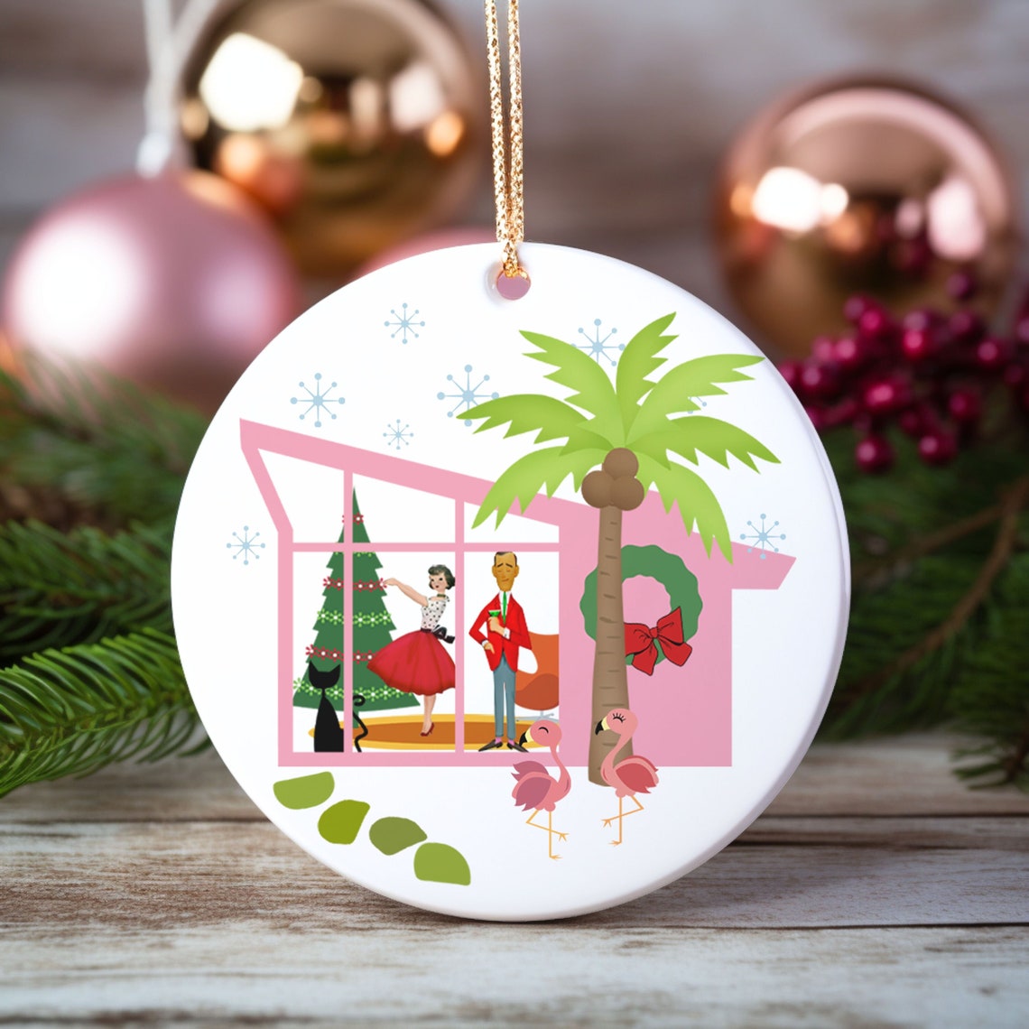 Mid Century Modern Christmas Ornament Metal Round Ornament Palm Springs ...