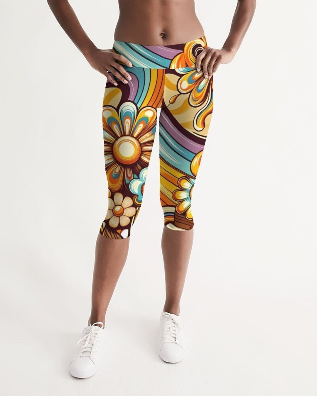 Groovy Floral Leggings 70s Fitness Wear Yoga Pants Stretch Capris ...