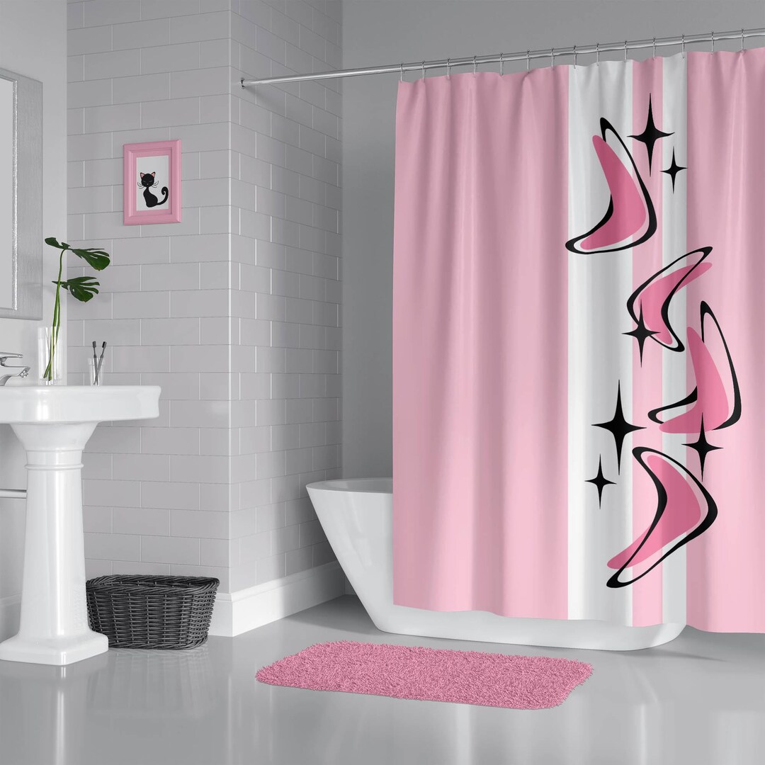 Midcentury Pink Boomerang Shower Curtain: Atomic Starburst Bathroom ...