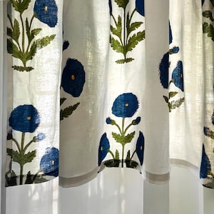 Handmade Cotton Block Print Curtain Blue Himalayan Poppy Flower Elegant ...