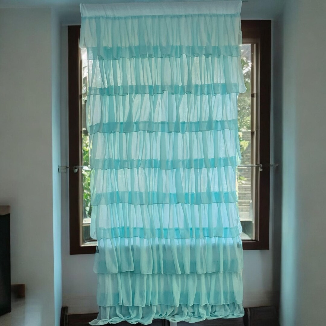 Light Blue Semi Sheer Ruffle Curtains Shabby Chic Breezy Window Panels ...