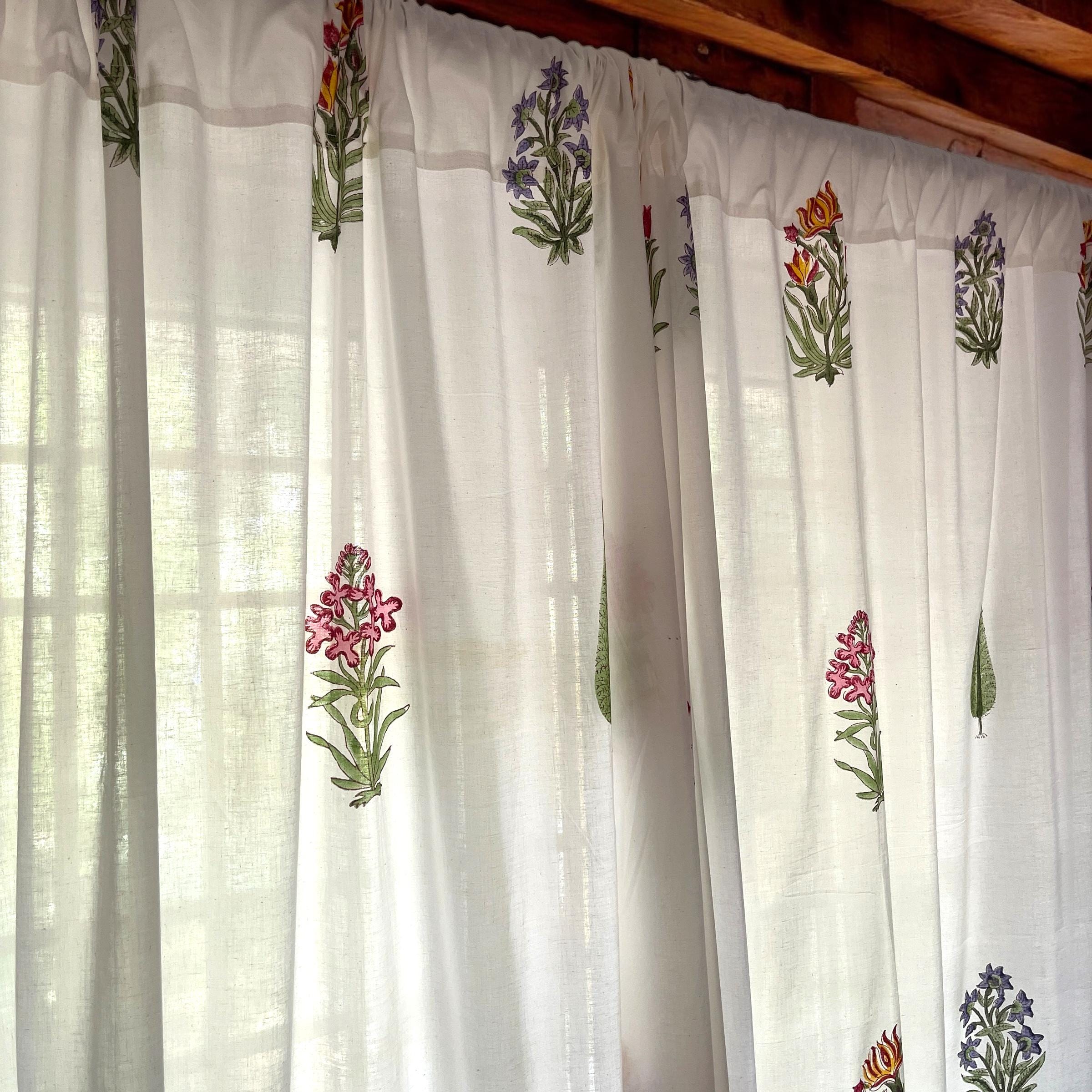 Handmade Cotton Block Print Curtain White Botanicals Flowers Elegant ...