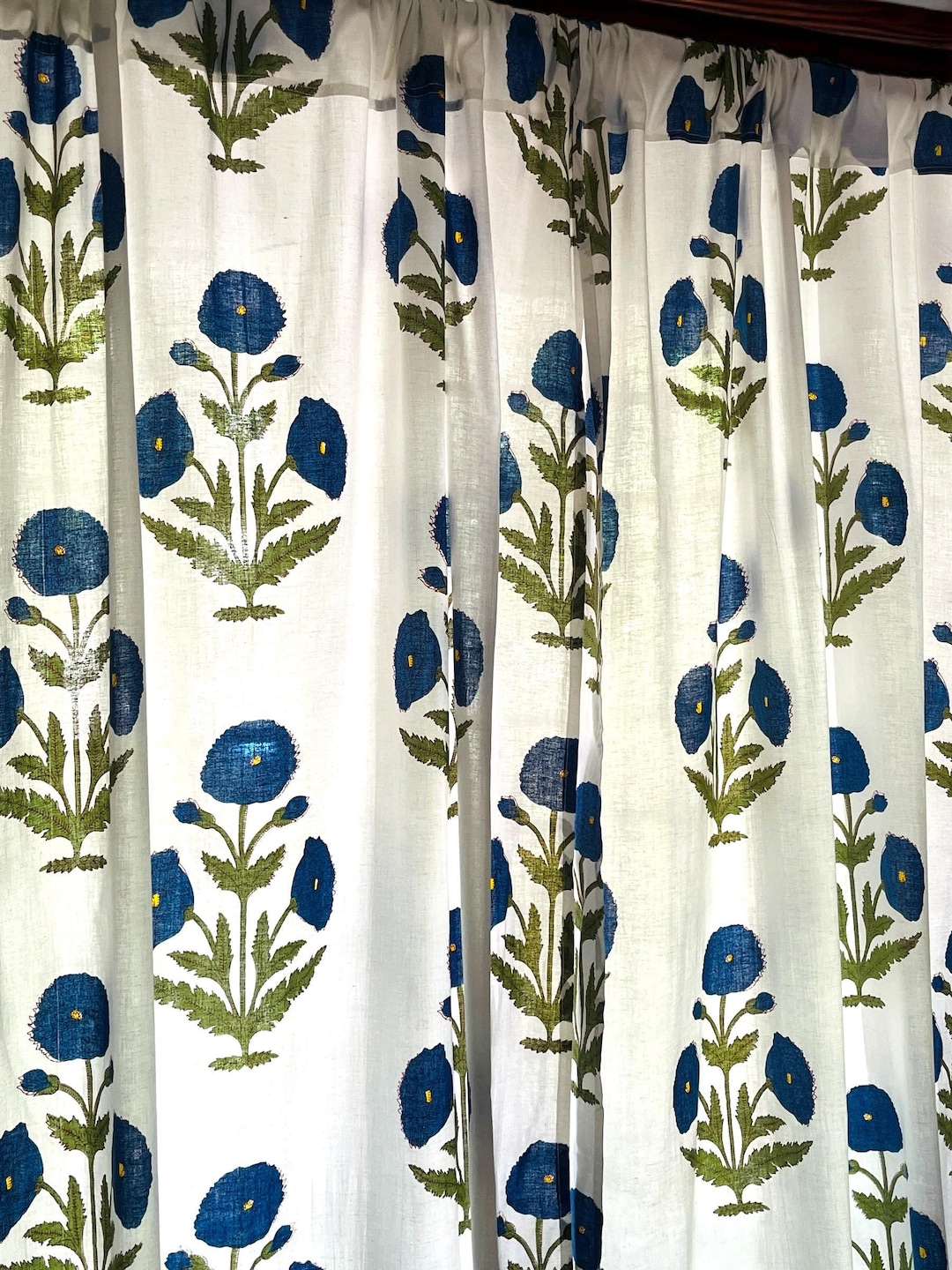 Handmade Cotton Block Print Curtain Blue Himalayan Poppy Flower Elegant ...