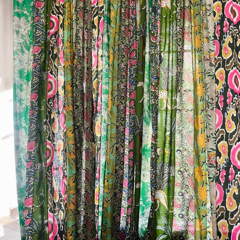 Handmade Patchwork Cotton Curtain Panel in Green With Jungle Tropical ...
