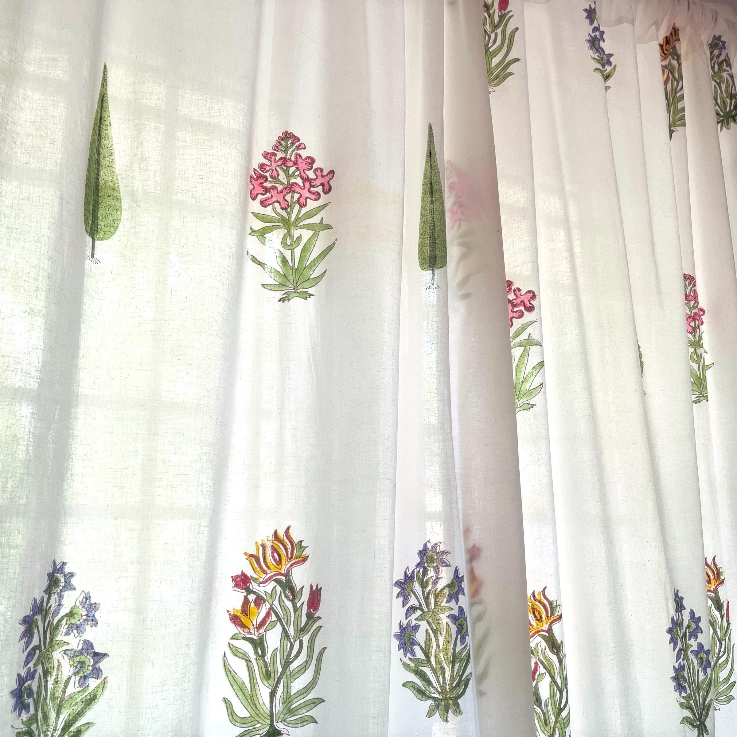 Handmade Cotton Block Print Curtain White Botanicals Flowers Elegant ...