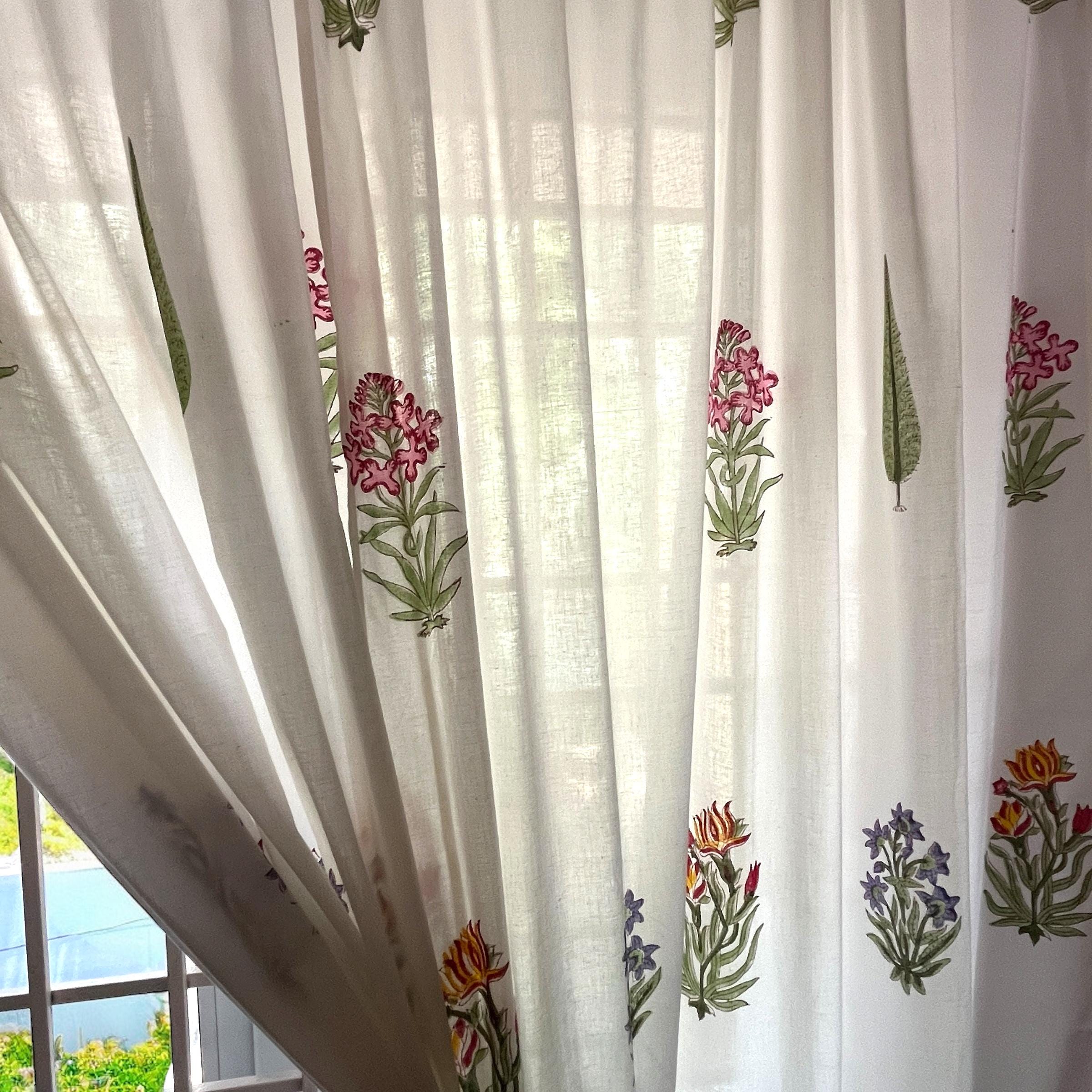 Handmade Cotton Block Print Curtain White Botanicals Flowers Elegant ...