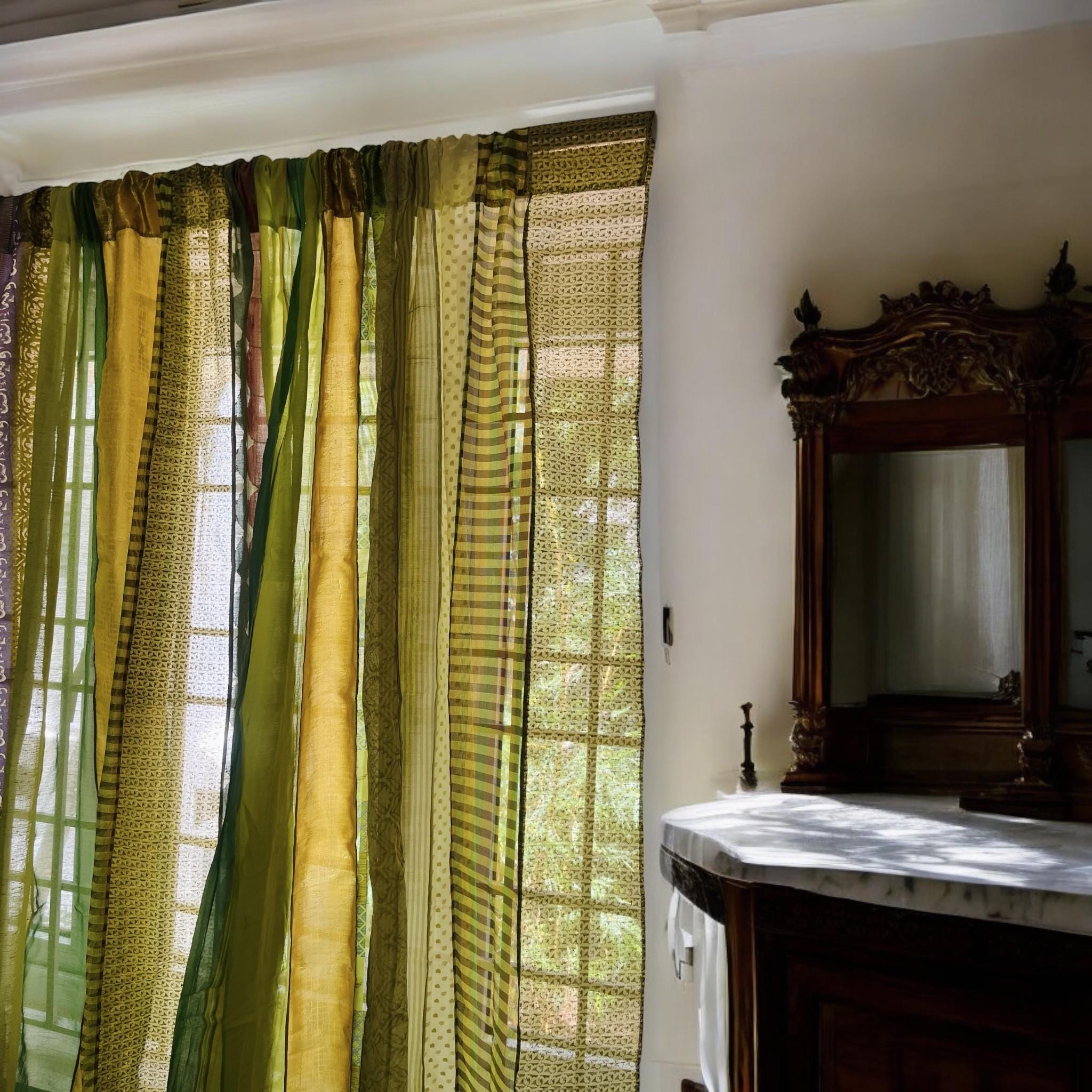 Green Boho Saree Curtains Upcycled Handmade Saree Curtains With Saree ...