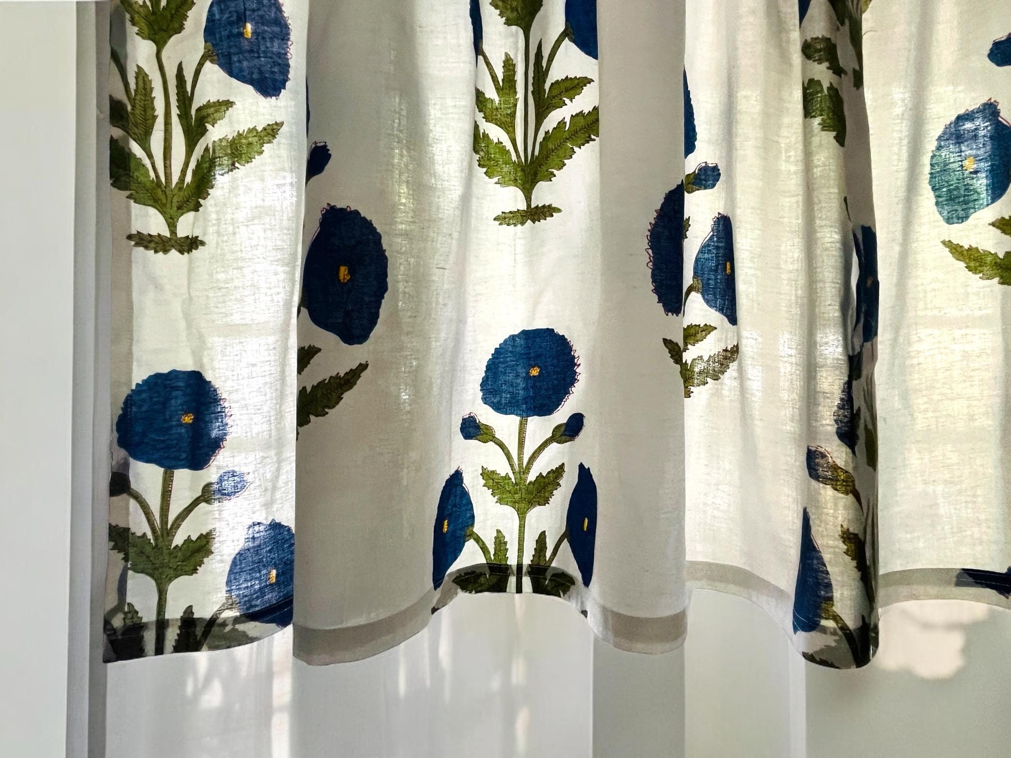 Handmade Cotton Block Print Curtain Blue Himalayan Poppy Flower Elegant ...
