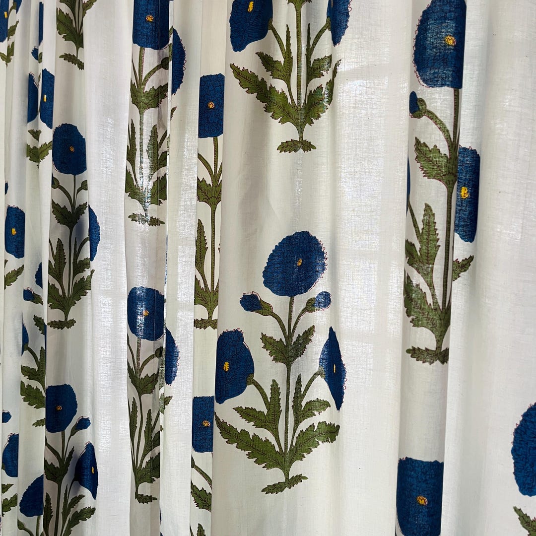Handmade Cotton Block Print Curtain Blue Himalayan Poppy Flower Elegant ...