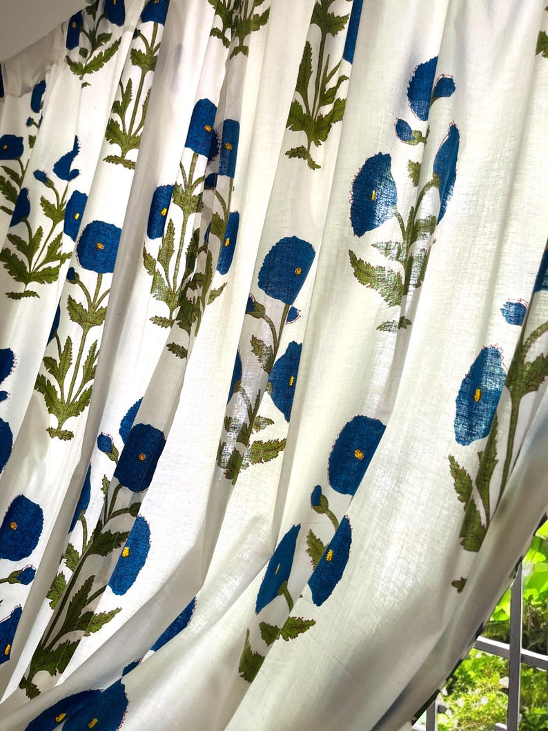 Handmade Cotton Block Print Curtain Blue Himalayan Poppy Flower Elegant ...