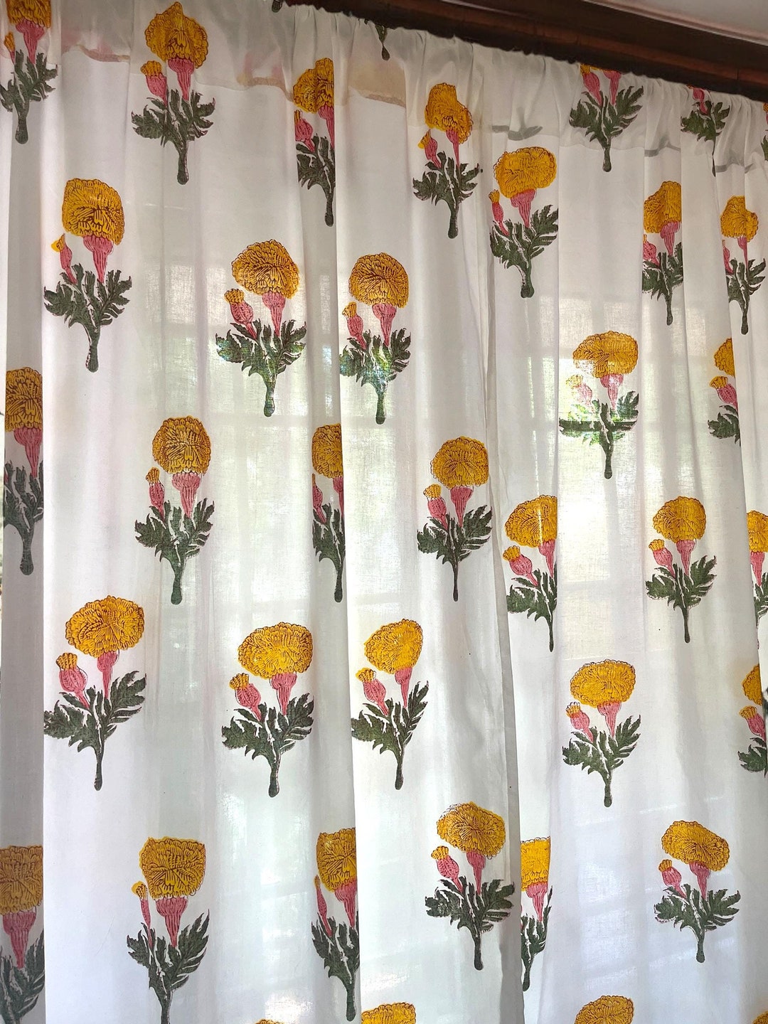 Handmade Cotton Block Print Curtain White With Yellow Marigold Elegant ...