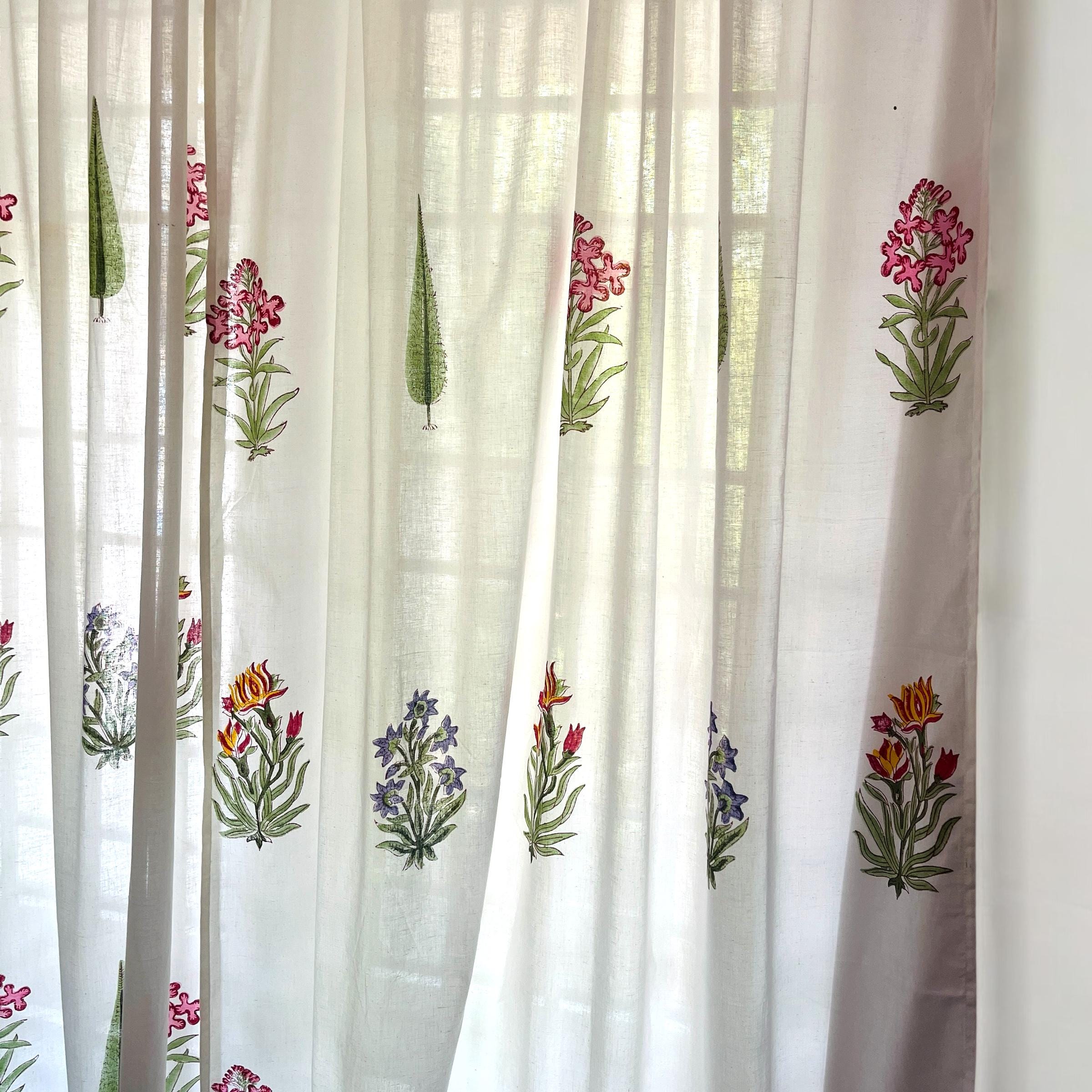 Handmade Cotton Block Print Curtain White Botanicals Flowers Elegant ...