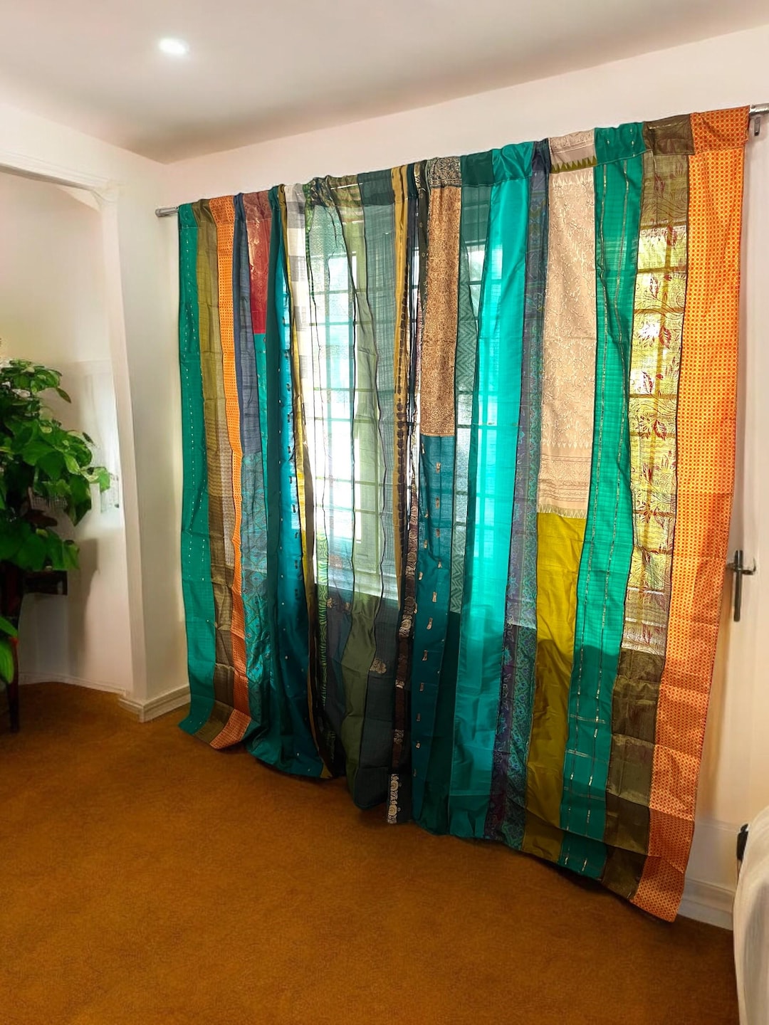 Green Boho Saree Curtains Upcycled Handmade Saree Curtains With Saree ...