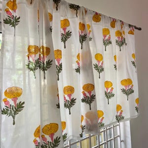 Handmade Cotton Block Print Curtain White With Yellow Marigold Elegant Window Treatment Classic ...