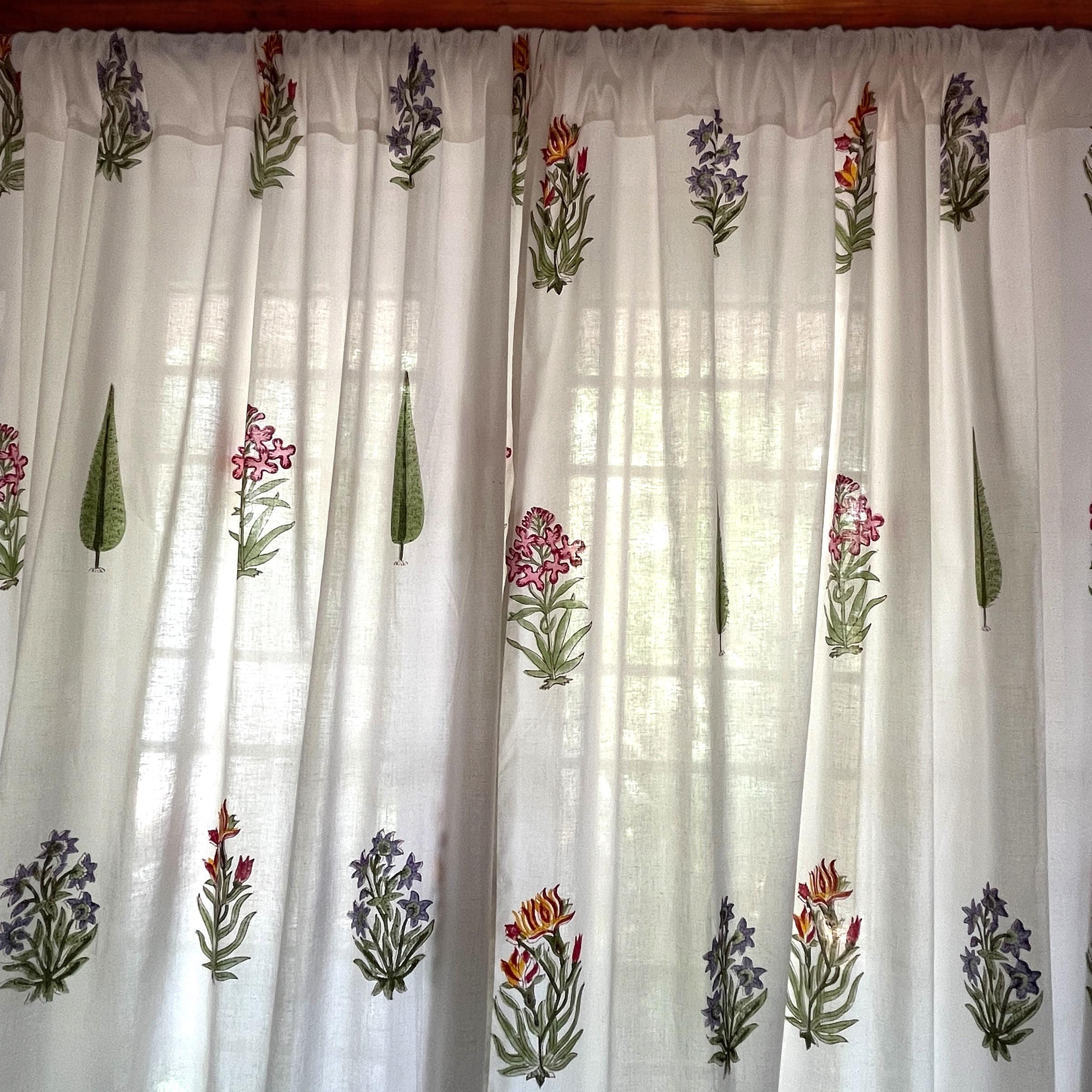 Handmade Cotton Block Print Curtain White Botanicals Flowers Elegant ...